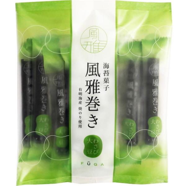 内容／風雅巻き　わさび大豆　10本原材料名／豆菓子(寒梅粉ミックス(澱粉、米粉)、大豆、砂糖、小麦粉、醤油加工品(醤油、砂糖、その他)、植物油、食塩、澱粉、西洋わさび)、焼のり(国内産)／香料、加工澱粉、膨張剤、着色料（クチナシ）、調味料(...