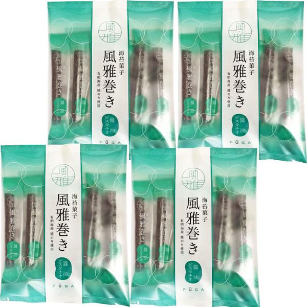 内容／4袋入：風雅巻き　醤油ピスタチオ　6本原材料名／豆菓子(ピスタチオ、寒梅粉ミックス(澱粉、米粉)、小麦粉、砂糖、醤油加工品(醤油、砂糖、その他)、植物油、澱粉、食塩)、焼のり(国内産)／加工澱粉、膨張剤、調味料(アミノ酸等)、甘味料(...