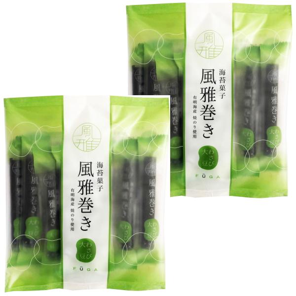 内容／２袋入：風雅巻き　わさび大豆　10本原材料名／豆菓子(寒梅粉ミックス(澱粉、米粉)、大豆、砂糖、小麦粉、醤油加工品(醤油、砂糖、その他)、植物油、食塩、澱粉、西洋わさび)、焼のり(国内産)／香料、加工澱粉、膨張剤、着色料（クチナシ）、...