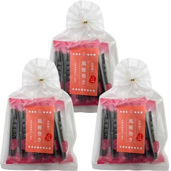 内容／３袋入：風雅巻き　あま梅大豆　6本原材料名／豆菓子（寒梅粉ミックス（澱粉、米粉）（国内製造）、大豆、砂糖、小麦粉、梅肉パウダー、シソチップ、食塩、澱粉、植物油）（国内製造）、焼のり（のり（国内産））／増粘剤（加工澱粉）、香料、膨張剤、...