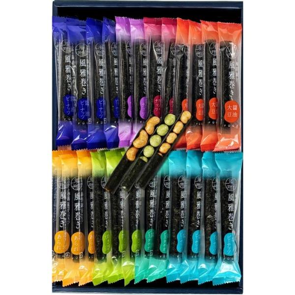 内容／醤油大豆　　　　　　6本醤油ピーナッツ　　　6本塩ピーナッツ　　　　4本わさび大豆　　　　　4本醤油カシューナッツ　4本チーズあられ　　　　4本塩カシューナッツ　　4本醤油ピスタチオ　　　4本箱サイズ／33.2×22.1×6.8cm化粧箱入