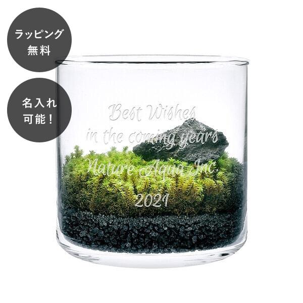ロックグラスサイズの小さなガラスの器に付属の砂や苔をセッティング。あっという間におしゃれな苔テラリウムの完成です！グラスにご希望のメッセージが入ります。名入れ ノベルティ 販促品 記念品  苔テラリウム キット プレゼント メッセージ 刻印...