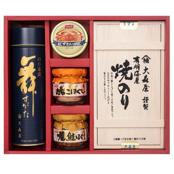 【商品内容】●焼のり木箱2袋詰（2切8枚）、のり茶漬（5.0g×10袋）、紅ずわいがにほぐし身（55g）、たらこほぐし（50g）、紅鮭ほぐし（50g）●JAN 4901191388235