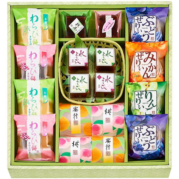 【商品内容】●わらび餅（本蕨・小豆×各2）、小豆くずもち（抹茶・桜×各1）、水ようかん（小豆・抹茶×各2）、蜜柑ゼリー×2、桃ゼリー×2、フルーツゼリー（ぶどう×2、みかん・りんご×各1）●宅配温度帯区分：常温●賞味期限：(製造より)約18...