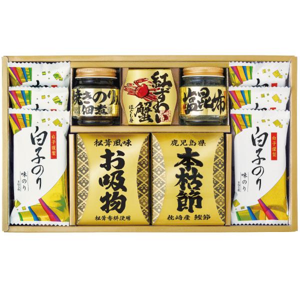 【商品内容】●枕崎産鰹本枯節（２．５ｇ×２）・焼きのり入佃煮８５ｇ・松茸風味お吸い物（２．３ｇ×３・顆粒）・北海道鰊フレーク５０ｇ・塩昆布１８ｇ・まぐろ油漬け７０ｇ×各１、白子のり味のり（８切５枚入）×６●アレルゲン： 小麦 えび 大豆●原...