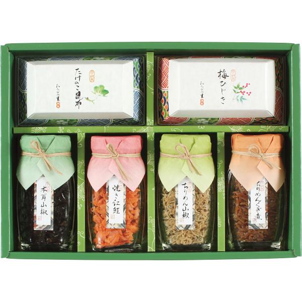 【商品内容】●ちりめん山椒３０ｇ、焼き紅鮭４３ｇ、ちりめんくぎ煮４５ｇ、木耳山椒５５ｇ、たけのこ昆布５０ｇ、梅ひじき５０ｇ●アレルゲン： 小麦 さけ 大豆●化粧箱入●箱サイズ：29.6×21.4×5.7cm●箱重量：1.3kg●宅配温度区分...