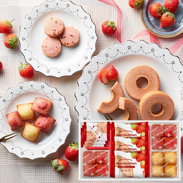 【商品内容】●あまおう苺バウムクーヘン×３、プチフィナンシェ４個入（あまおう苺×２、プレーン）、焼きほろろクッキー（イチゴ）×３●アレルゲン：卵・乳・小麦（大豆・アーモンド）●生産国：日本●箱サイズ：190×308×57mm●重量：380g...