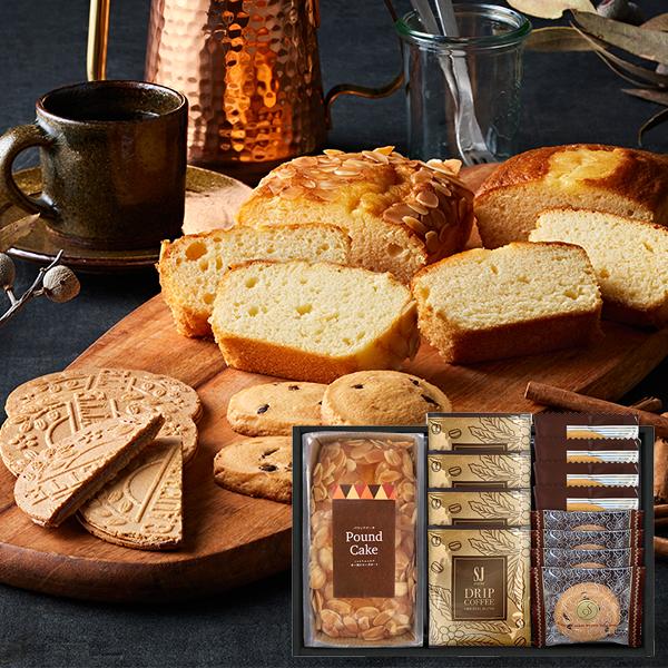 【商品内容】●アーモンドパウンドケーキ、ドリップコーヒー７ｇ×４、ゴーフレット（チョコ）×４、チョコチップクッキー×４●アレルゲン：卵・乳・小麦（大豆・アーモンド）●生産国：日本●箱サイズ：190×308×57mm●重量：515g●賞味期限...