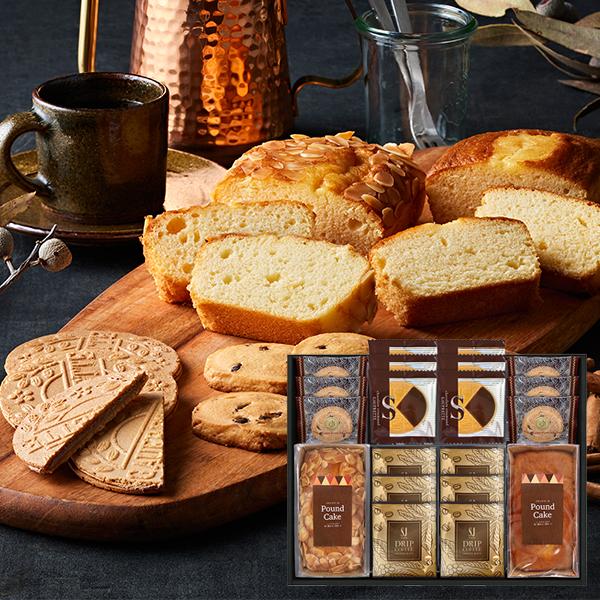 【商品内容】●アーモンドパウンドケーキ、プレーンパウンドケーキ、ドリップコーヒー７ｇ×６、ゴーフレット（チョコ）×６、チョコチップクッキー×６●アレルゲン：卵・乳・小麦（大豆・アーモンド）●生産国：日本●箱サイズ：305×412×55mm●...