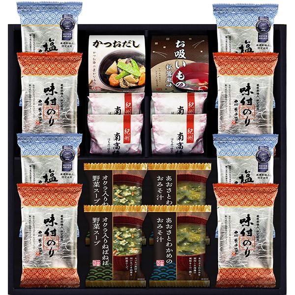 【商品内容】●味付のり（８切６枚）×４、有明海産塩のり（８切６枚）×４、シーラックかつおだし（４ｇ×３）、永谷園お吸いもの（２．３ｇ×２）、紀州南高梅×４、オクラ入ねばねば野菜スープ×２、あおさとわかめのおみそ汁×２●アレルゲン：乳・小麦・...