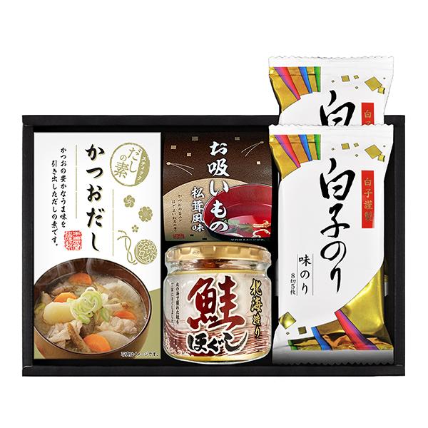 【商品内容】●かね七かつおだし（４ｇ×５）、鮭ほぐし５０ｇ、永谷園お吸いもの（２．３ｇ×２）、白子のり味のり（８切５枚）×２●アレルゲン：小麦・乳・えび(大豆・さけ)●生産国：日本●箱サイズ：152×220×77mm●重量：460g●賞味期...