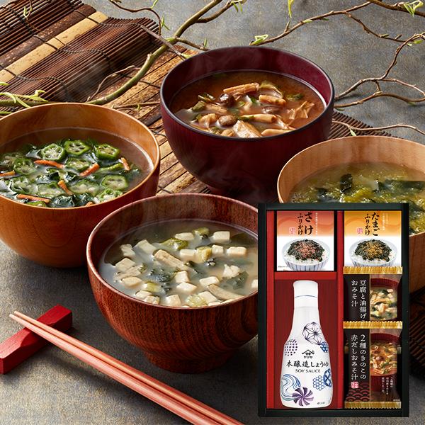 【商品内容】●ヤマサ鮮度しょうゆ２００ｍｌ、とうふと油揚げのおみそ汁、２種のきのこの赤だしおみそ汁、丸美屋たまごふりかけ（２．５ｇ×３）、丸美屋さけふりかけ（２．５ｇ×３）●アレルゲン：卵・小麦・乳（大豆・鶏肉・ごま・さけ）●生産国：日本●...