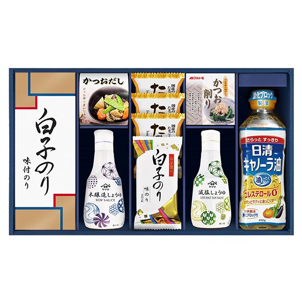【商品内容】●日清キャノーラ油ペット４００ｇ、ヤマサ鮮度しょうゆ２００ｍｌ、ヤマサ鮮度減塩しょうゆ２００ｍｌ、白子のり味のり（３切５枚）、マルトモかつおパック（０．７ｇ×３）　、たまごスープ６．４ｇ×３、白子のり味のり（８切５枚）、シーラッ...