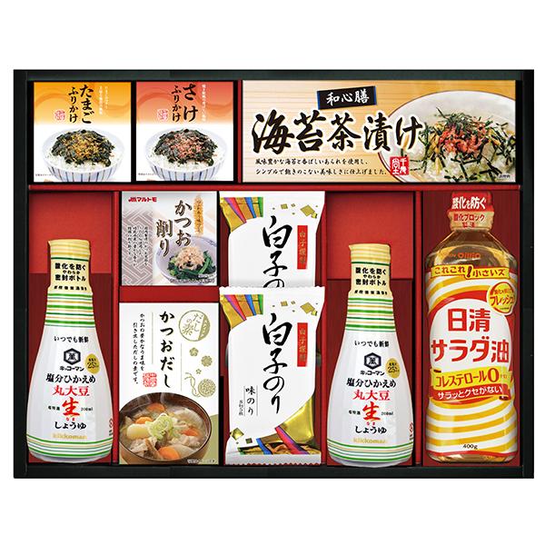【商品内容】●キッコーマン塩分ひかえめ丸大豆生しょうゆ２００ｍｌ×２、マルトモかつおパック（０．７ｇ×３）、かね七かつおだし（４ｇ×５）、海苔茶漬け（６．０ｇ×５）、白子のり味のり（８切５枚）×２、日清サラダ油４００ｇ、丸美屋たまごふりかけ...