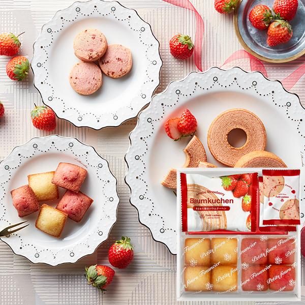 【商品内容】●あまおう苺バウムクーヘン、プチフィナンシェ４個入（あまおう苺、プレーン）、焼きほろろクッキー（イチゴ）×２●アレルゲン：卵・乳・小麦（大豆・アーモンド）●生産国：日本●箱サイズ：202×190×50mm●重量：215g●賞味期...