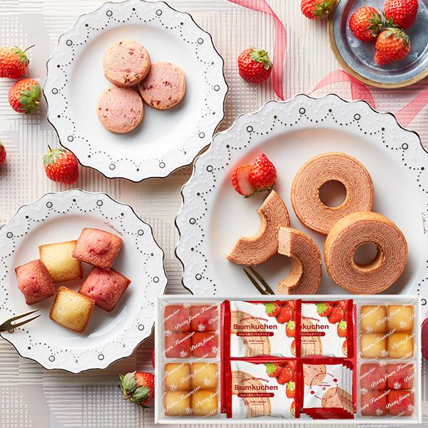 【商品内容】●あまおう苺バウムクーヘン×３、プチフィナンシェ４個入（あまおう苺×２、プレーン×２）、焼きほろろクッキー（イチゴ）×４●アレルゲン：卵・乳・小麦（大豆・アーモンド）●生産国：日本●箱サイズ：197×400×57mm●重量：47...