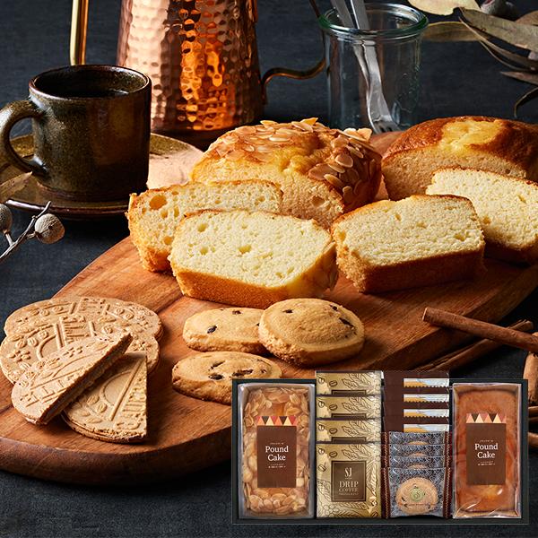 【商品内容】●アーモンドパウンドケーキ、プレーンパウンドケーキ、ドリップコーヒー７ｇ×４、ゴーフレット（チョコ）×４、チョコチップクッキー×４●アレルゲン：卵・乳・小麦（大豆・アーモンド）●生産国：日本●箱サイズ：197×400×57mm●...