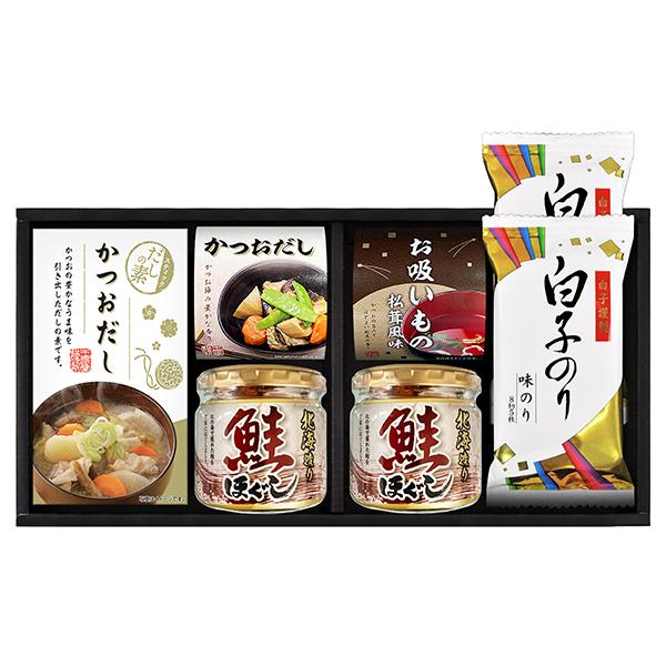【商品内容】●かね七かつおだし（４ｇ×５）、鮭ほぐし５０ｇ×２、永谷園お吸いもの（２．３ｇ×２）、シーラックかつおだし（４ｇ×３）、白子のり味のり（８切５枚）×２●アレルゲン：小麦・乳・えび(大豆・さけ)●生産国：日本●箱サイズ：152×2...