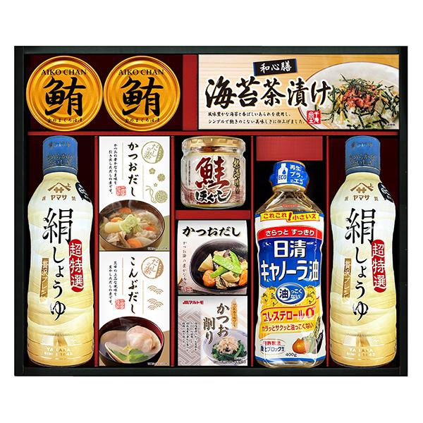 【商品内容】●ヤマサ絹しょうゆ４５０ｍｌ×２、かね七かつおだし（４ｇ×５）、かね七こんぶだし（４ｇ×５）、マルトモかつおパック（０．７ｇ×３）、シーラックかつおだし（４ｇ×３）、鮭ほぐし５０ｇ、日清キャノーラ油４００ｇ、まぐろ油漬け７０ｇ×...