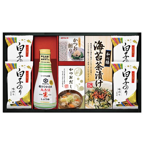 【商品内容】●キッコーマン塩分ひかえめ丸大豆生しょうゆ２００ｍｌ、マルトモかつおパック（０．７ｇ×３）、かね七かつおだし（４ｇ×５）、海苔茶漬け（６．０ｇ×５）、白子のり味のり（８切５枚）×４●アレルゲン：小麦・乳・えび（大豆）●生産国：日...