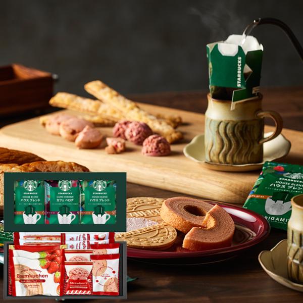 【商品内容】●スターバックスオリガミドリップコーヒー(ハウスブレンド9g×3・カフェベロナ9g×2）、あまおう苺ロングスティックパイ×2、あまおう苺バウムクーヘン×2、あまおう苺ゴーフレット×1、焼きほろろイチゴクッキー×2、ストロベリーチ...