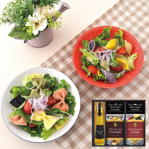 【商品内容】●エクストラバージンオリーブオイル１００ｇ×１、カラーパスタ（コンキリエ６０ｇ・ファルファーレ４０ｇ×各１）●アレルゲン：卵 小麦 いか●原産国：日本、スペイン、イタリア●化粧箱入●箱サイズ：22.4×21.0×5.5cm●箱重...