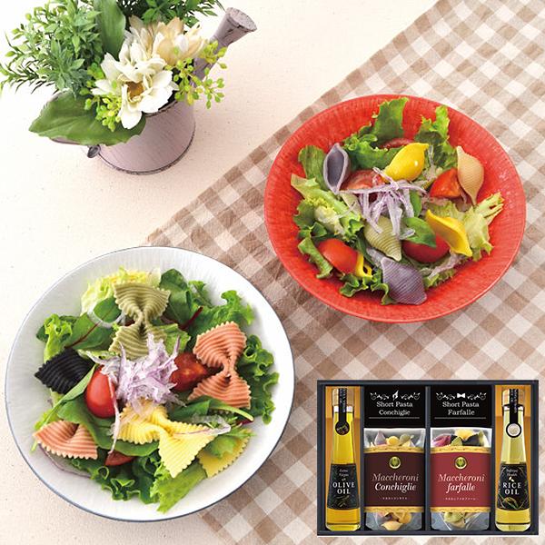 【商品内容】●エクストラバージンオリーブオイル１００ｇ×１、ライスオイル１１０ｇ×１、カラーパスタ（コンキリエ６０ｇ・ファルファーレ４０ｇ×各１）●アレルゲン：卵 小麦 いか●原産国：日本、スペイン、イタリア●化粧箱入●箱サイズ：28.0×...