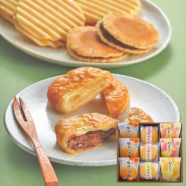 【商品内容】●欧風せんべい（バニラ・苺・抹茶×各１）、味鼓の詩×３、パイまんじゅう（小豆・さつまいも・栗×各１）●アレルゲン：卵 乳 小麦 大豆●化粧箱入●箱サイズ：29.5×27.5×5.8cm●箱重量：630.0g●宅配温度区分：常温●...