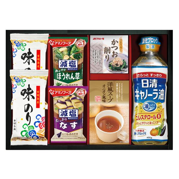 【商品内容】●日清キャノーラ油400g、アマノフーズ減塩いつものおみそ汁なす9.0g、アマノフーズ減塩いつものおみそ汁ほうれん草6.8g、丸美屋洋風スープオニオン風味（2.5g×5）、マルトモかつおパック（0.7g×3）、有明海産味のり（8...