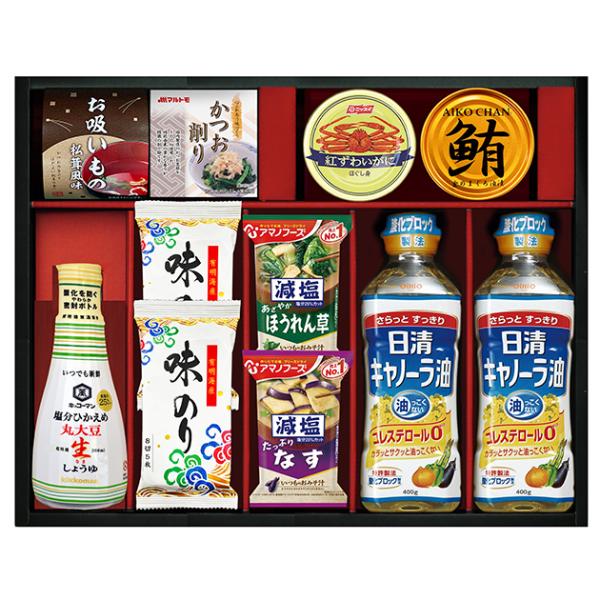 【商品内容】●日清キャノーラ油400g×2、アマノフーズ減塩いつものおみそ汁なす9.0g、アマノフーズ減塩いつものおみそ汁ほうれん草6.8g、マルトモかつおパック（0.7g×3）、有明海産味のり（8切5枚）×2、永谷園お吸いもの(2.3g×...