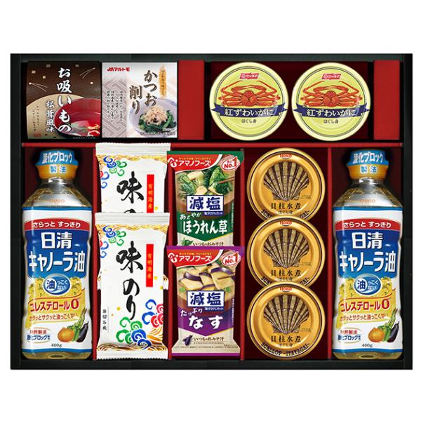 【商品内容】●日清キャノーラ油400g×2、アマノフーズ減塩いつものおみそ汁なす9.0g、アマノフーズ減塩いつものおみそ汁ほうれん草6.8g、マルトモかつおパック（0.7g×3）、有明海産味のり（8切5枚）×2、永谷園お吸いもの(2.3g×...