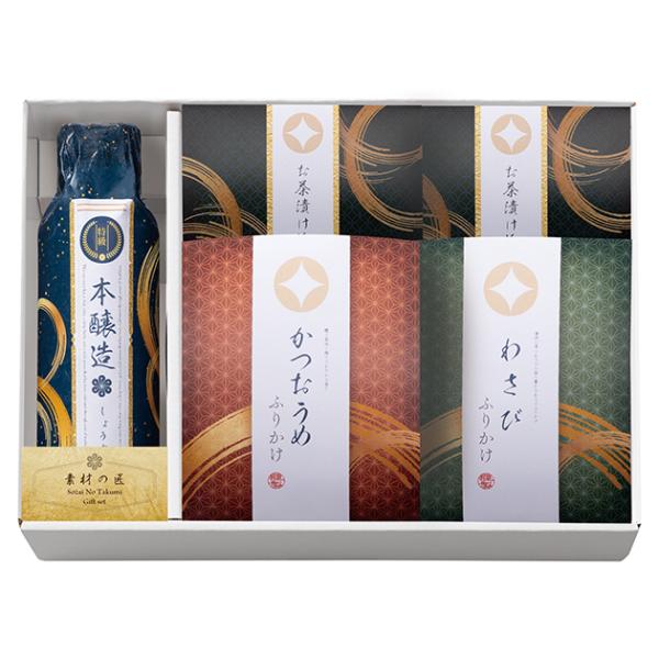 【商品内容】●特級本醸造しょうゆ（300ml）×1、鰹梅ふりかけ（2.5g×2）×1、わさびふりかけ（2.5g×2）×1、お茶漬け海苔（4.7g×2）×2●アレルゲン：小麦・卵・乳・ごま・さば・大豆・鶏肉●日本製●商品サイズ：18.5×26...