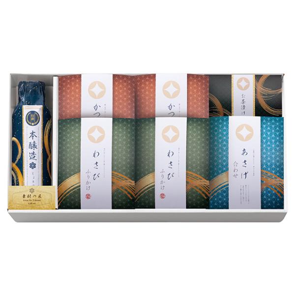 【商品内容】●特級本醸造しょうゆ（300ml）×1、あさげ（8.4g×2）×1、鰹梅ふりかけ（2.5g×2）×2、わさびふりかけ（2.5g×2）×2、お茶漬け海苔（4.7g×2）×1●アレルゲン：小麦・卵・乳・ごま・さば・大豆・鶏肉●日本製...