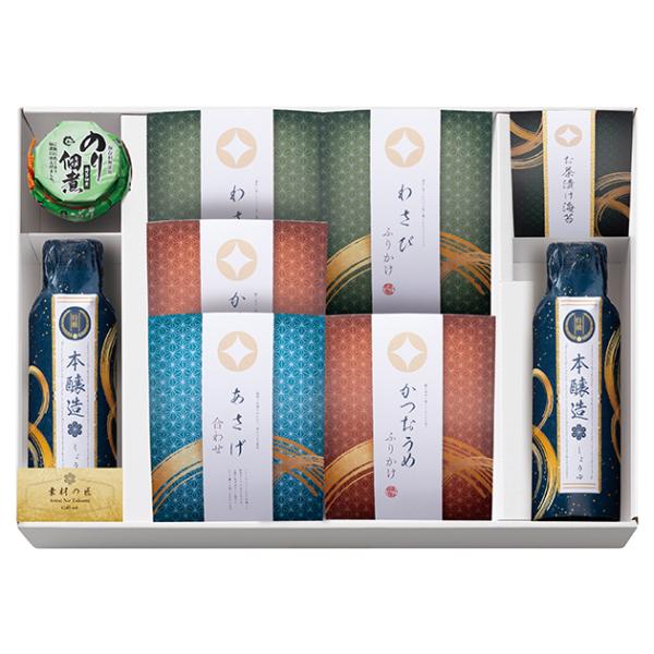 【商品内容】●特級本醸造しょうゆ（300ml）×2、あさげ（8.4g×2）×1、鰹梅ふりかけ（2.5g×2）×2、わさびふりかけ（2.5g×2）×2、お茶漬け海苔（4.7g×2）×1、島乃香のり佃煮(80g)×1●アレルゲン：小麦・卵・乳・...