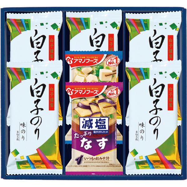 【商品内容】●白子のり味のり（8切5枚入）×5、減塩いつものおみそ汁（なす）9g×1、減塩いつものおみそ汁（とうふ）10.3g×1●アレルゲン：小麦・えび●生産国・加工地：日本●化粧箱●パッケージサイズ：242×266×45mm●重量：21...