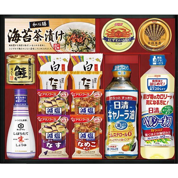 【商品内容】●日清ヘルシーオフ600g,日清キャノーラ油ペット400g ,キッコーマンしぼりたて生しょうゆ200ml,白子のり味のり（8切5枚)×2,アマノフーズ減塩いつものおみそ汁(なす9.0g・なめこ8.0g）×各2.たまごスープ6.4...