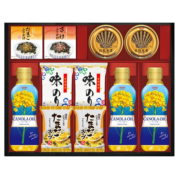 【商品内容】●キャノーラ油 300g×3、有明海産味付のり(8切5枚）×2、たまごスープ6.4g×2、たまごふりかけ(2.5g×3）、さけふりかけ(2.5g×3）、宝幸貝柱水煮ほぐし身65g（固形量35g）×2●アレルゲン： 卵・小麦・乳・...