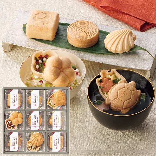 【商品内容】●最中お吸物（湯葉・豆腐×各２、鯛×１）、最中お茶漬け（貝柱・梅×各２）（計９食）●アレルゲン： 乳 小麦 大豆●化粧箱入●箱サイズ：27.5×27.5×4.7cm●箱重量：322g●宅配温度区分：常温●賞味期限：(製造より)約...