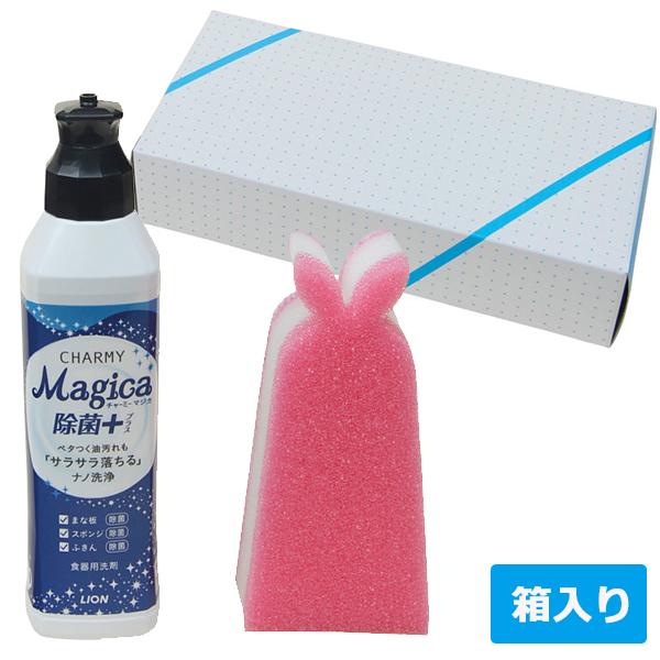 【商品内容】●現品（スリムキッチンスポンジ）約６．６×３．８×１４ｃｍ●スリムキッチンスポンジ＝ポリウレタンフォーム・不織布●ライオンチャーミーマジカ２２０ｍｌ・スリムキッチンスポンジ×各１●原産国：日本●加工地：日本●化粧箱入●箱サイズ：...