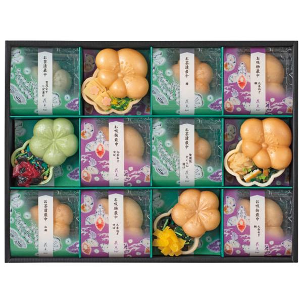●箱サイズ：約26.4×35.1×5.2（ｃｍ）/重さ：500g●化粧箱入●お茶漬（賀茂なすしば漬・聖護院大根漬×各２、梅・紅鮭×各１）、お吸物（九条ねぎ（湯葉・鯛）×各３）●香ばしい最中種に滋味調整した生タイプの具材を詰合せしたお茶漬と京...