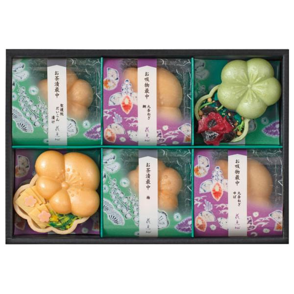 ●箱サイズ：約18.2×26.4×5.2（ｃｍ）/重さ：300g●化粧箱入●お茶漬（賀茂なすしば漬・聖護院大根漬・梅×各１）、お吸物（九条ねぎ（湯葉）×２、九条ねぎ（鯛）×１）●香ばしい最中種に滋味調整した具材を合わせたお茶漬と京野菜お吸物...