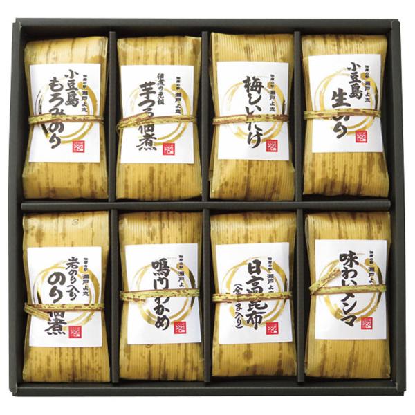 ●箱サイズ約：32.5×30.5×3.5/重さ：1.1kg●小豆島もろみのり１００ｇ・芋つる佃煮１００ｇ・梅しいたけ１００ｇ・小豆島生のり１００ｇ・岩のり入りのり佃煮１００ｇ・鳴門わかめ１００ｇ・日高昆布（金ごま入り）１００ｇ・味わいメンマ...