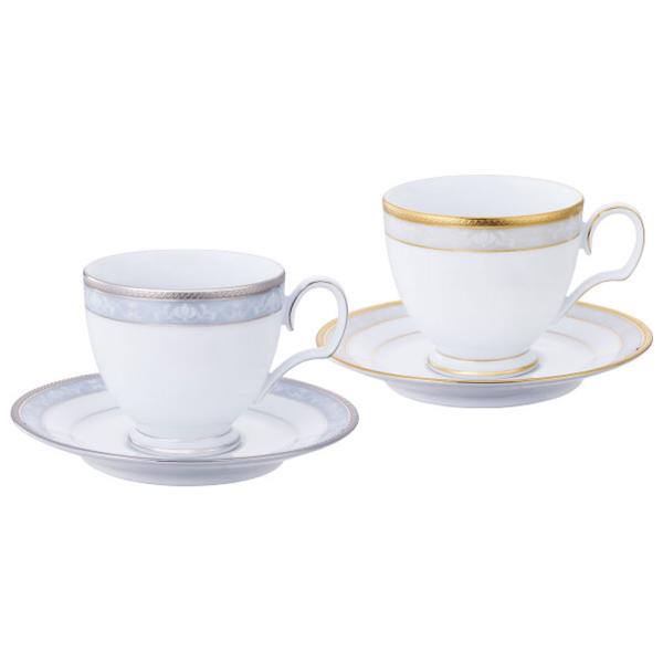 ●箱サイズ約：32×21×9/重さ：1.1kg●化粧箱入●現品（カップ）約８．８φ×７．７ｃｍ・（ソーサー）約１５．２φ×２．２ｃｍ●磁器●カップ（容量約２５０ｍｌ）・ソーサー各２●パール調のアクセントカラーでさりげなく唐草模様を表現したハ...