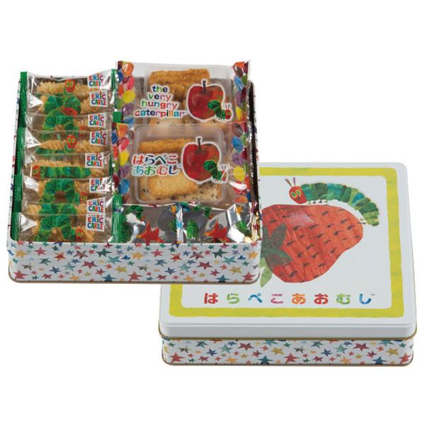 ●箱サイズ：約21×23.5×6（ｃｍ）/重さ：600g●缶入●ひねり揚げせんべい個包装６５ｇ、おかき個包装３０ｇ、おかき７種（１９ｇ）×２●絵本「はらぺこあおむし」をモチーフにした「ひねり揚げ」のギフトボックスです、絵本をイメージしたポッ...