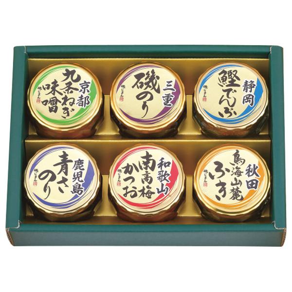 ●箱サイズ約：40.5×28.0×13.0(cm)/重さ：7.2kg●化粧箱入●京都九条ねぎ味噌（ねぎ：京都府産）９０ｇ・三重磯のり９０ｇ・静岡鰹でんぶ４５ｇ・鹿児島青さのり９０ｇ・和歌山南高梅かつお（梅：和歌山県産）９０ｇ・秋田鳥海山麓ふ...