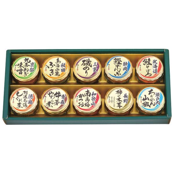 ●箱サイズ約：44.5×20.5×18.5(cm)/重さ：8.5kg●化粧箱入●京都九条ねぎ味噌（ねぎ：京都府産）９０ｇ・北海道鮭そぼろ（鮭：北海道産）４０ｇ・和歌山南高梅かつお（梅：和歌山県産）９０ｇ・秋田鳥海山麓ふき４５ｇ・徳島阿波尾鶏...