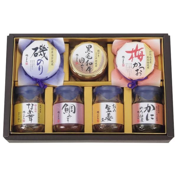 ●箱サイズ約：29.0×18.5×6.5(cm)/重さ：1.8kg●化粧箱入●磯のり９０ｇ・黒毛和牛肉みそ９０ｇ・梅かつお９０ｇ・柚子風味なめ茸８５ｇ・鯛みそ１００ｇ・刻み生姜煮９０ｇ・かにのり佃煮９０ｇ×各１●四季折々の海の幸、山の幸を風...
