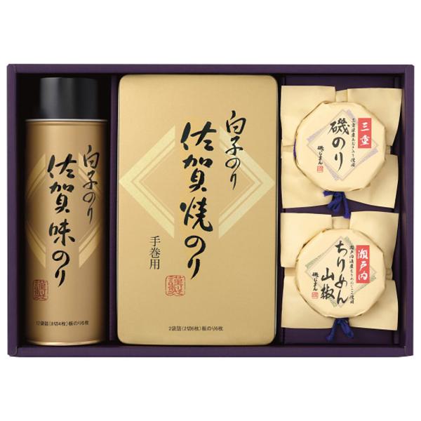 ●箱サイズ：約34×25×8（ｃｍ）/重さ：1.2ｋg●化粧箱入●味のり１２袋詰（８切４枚）・焼のり２袋詰（２切６枚）・三重磯のり１２５ｇ・瀬戸内ちりめん山椒５０ｇ●九州佐賀県産の海苔と磯じまん佃煮の詰合せ。ごはんのお供に好適な詰合せです。...