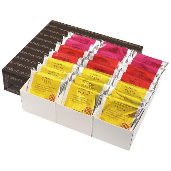 ●箱サイズ：約32.5×29.7×8.0（ｃｍ）/重さ：1400g●化粧箱入●プレーンワッフル×９、ココアワッフル・いちごワッフル×各６※包装済み商品です。●自然な甘さとコクのあるプレーンワッフルと、ベルギーチョコレートを練り込んだ、奥深い...