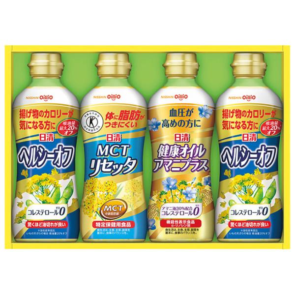 ●箱サイズ約：30.6×21.6×5.8(cm)/重さ：1.7kg●化粧箱入●日清ＭＣＴリセッタ３５０ｇ×１、日清健康オイルアマニプラス３５０ｇ×１（機能性表示食品：届出番号Ａ８２、届出表示：本品は、α−リノレン酸を含んでおり、血圧が高めの...